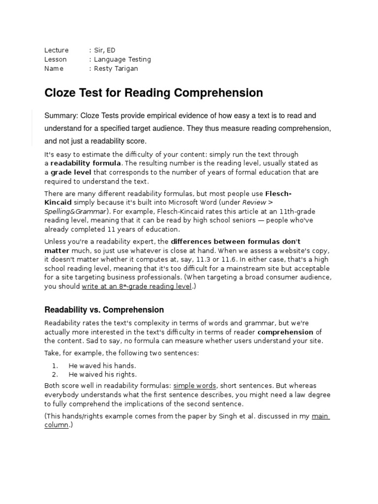 Cloze Test for Reading Comprehension | PDF | Reading Comprehension ...