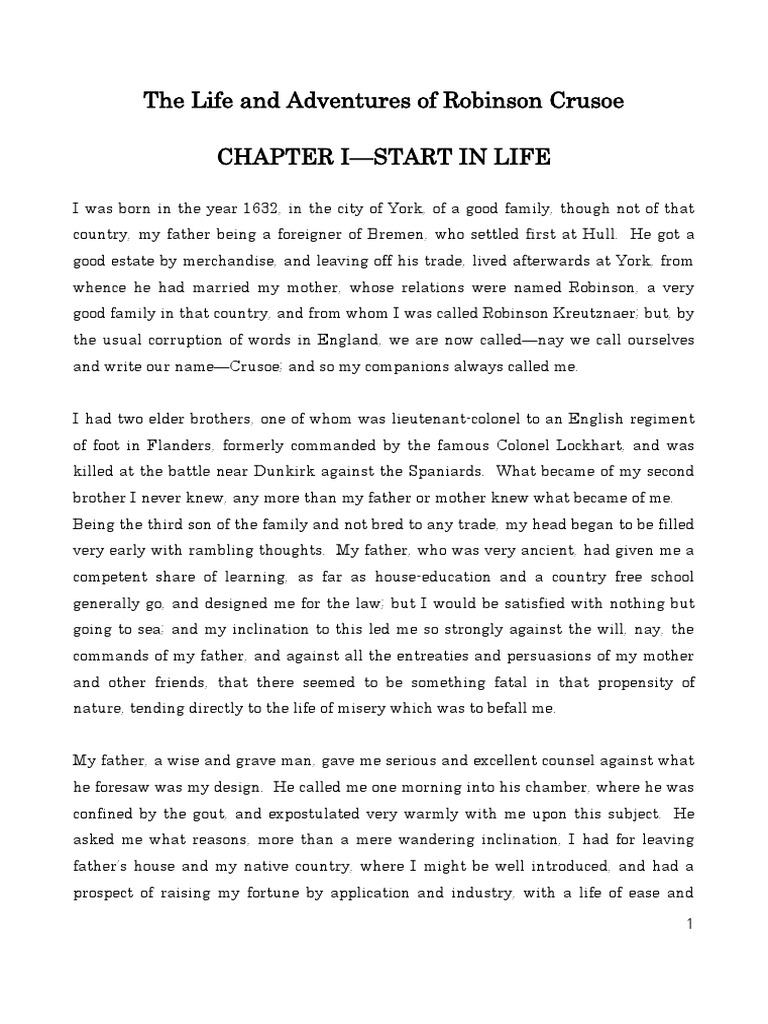 Robinson Crusoe Chapter One | PDF