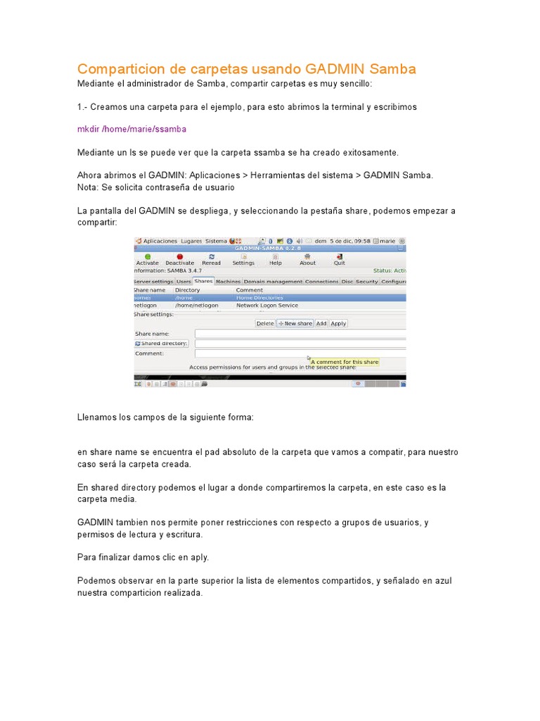 Comparticion de Carpetas Usando GADMIN Samba | PDF