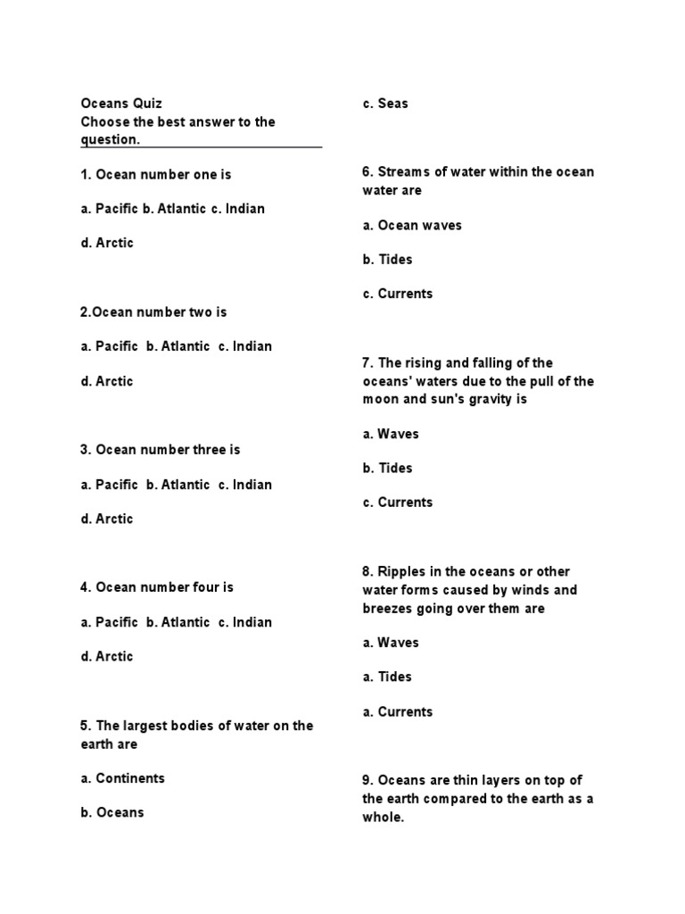 Oceans Quiz | PDF | Oceans | Arctic Ocean
