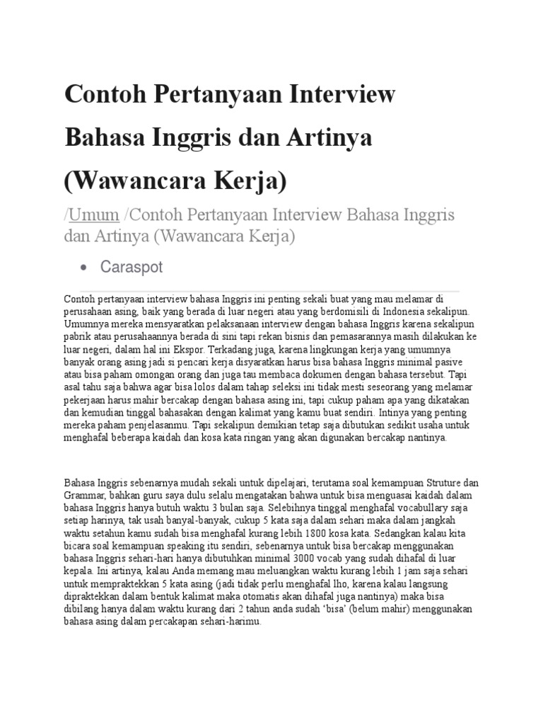 Contoh Pertanyaan Interview Bahasa Inggris Dan Artinya | PDF