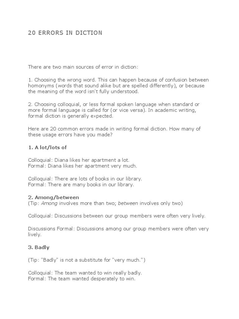 20 Errors in Diction: 1. A Lot/lots of | PDF | Languages