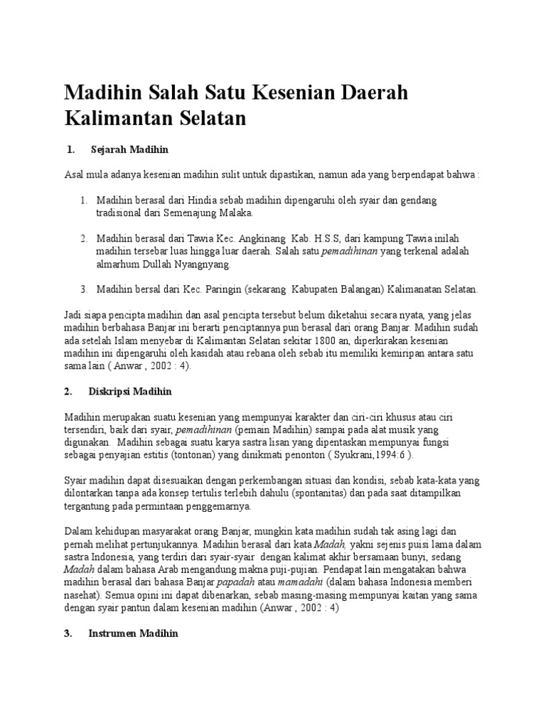 Madihin Salah Satu Kesenian Daerah Kalimantan | PDF | Seni