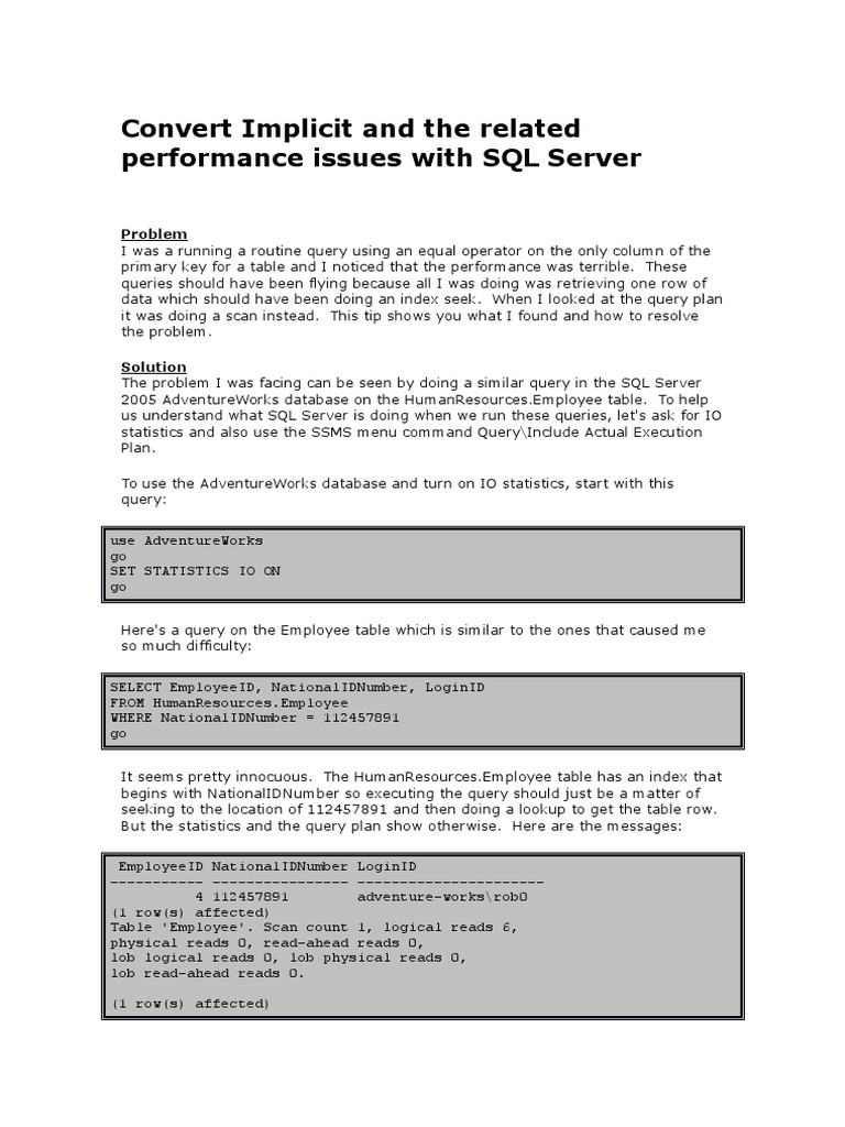 Convert Implicit and The Related Performance Issues With SQL Server | PDF | Database Index ...