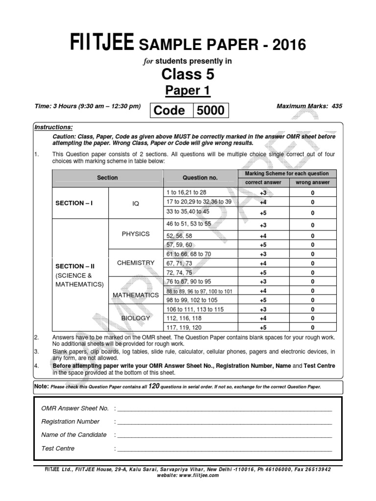 FIITJEE Oct 2016 Sample Paper | PDF | Triangle | Angle