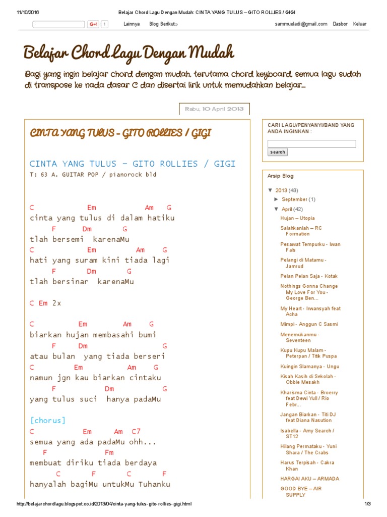 Belajar Chord Lagu Dengan Mudah - CINTA YANG TULUS - GITO ROLLIES ...