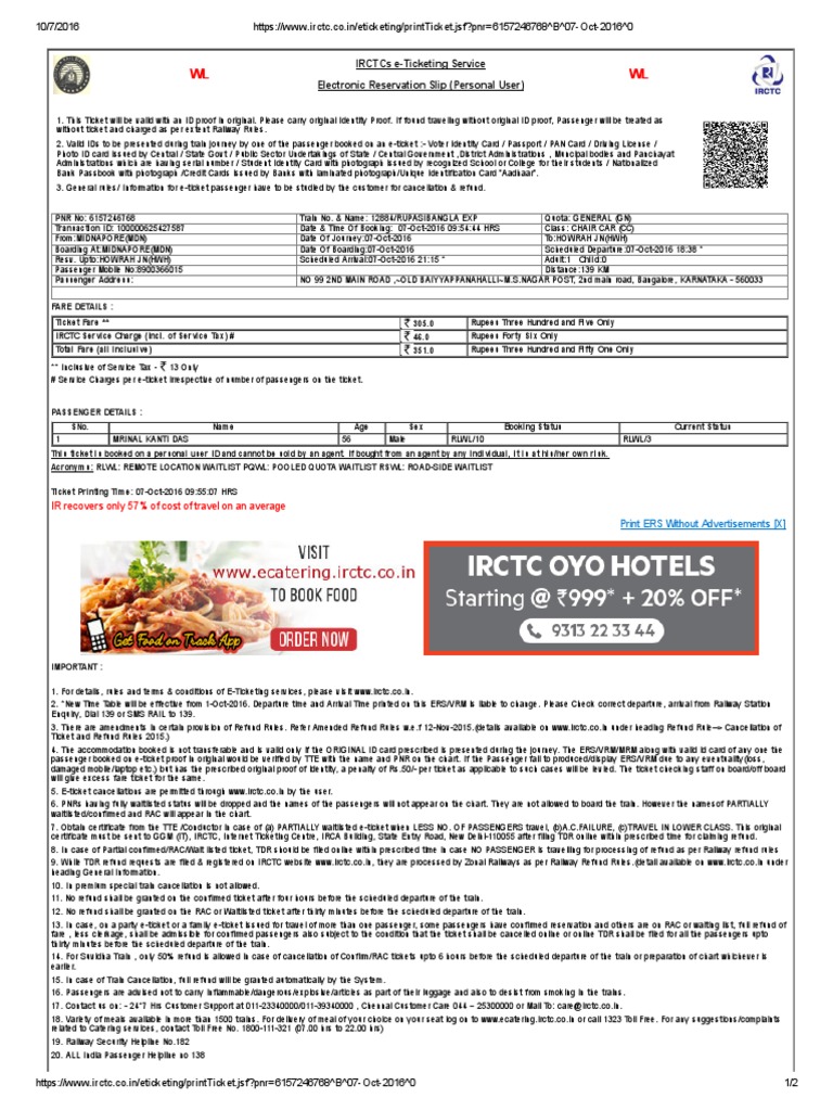 Https WWW - Irctc.co - in Eticketing Printticket PDF | PDF | Identity ...