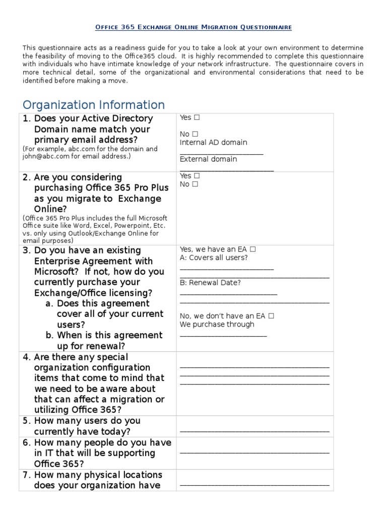 Office 365 Migration Readiness Questionnaire | PDF | Office 365 ...