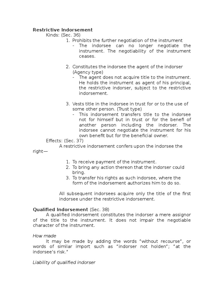Restrictive, Qualified and Conditional Indorsements: Negotiable ...