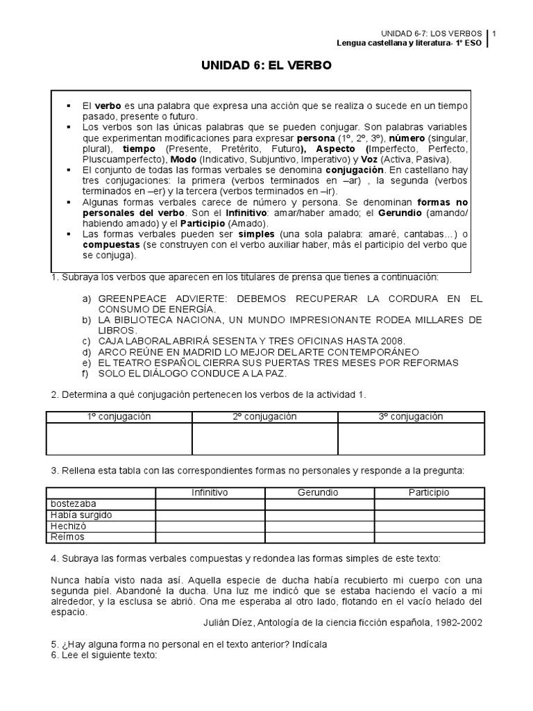 Ejercicios sobre los verbos para 1º ESO | PDF | Verbo | Conjugación ...