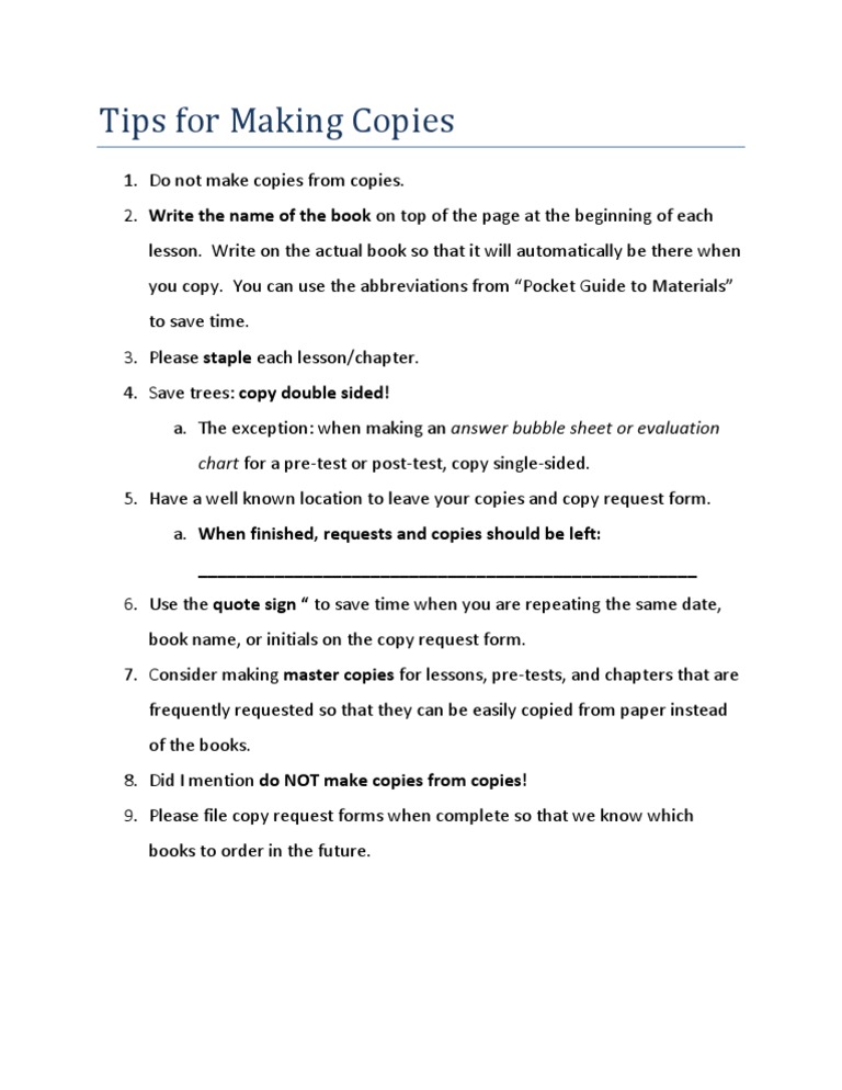Tips For Making Copies: Chart For A Pre-Test or Post-Test, Copy Single ...