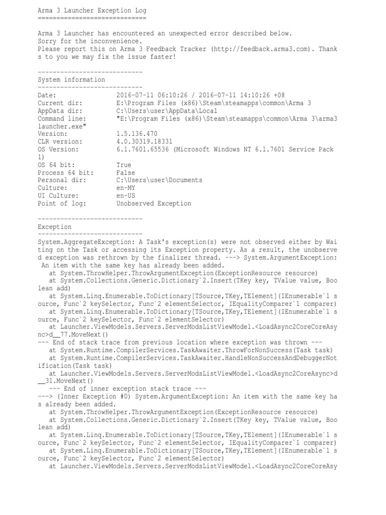 Arma3Launcher Exception 20160711T061026 | PDF | Extensible Application Markup Language | Ibm Pc ...