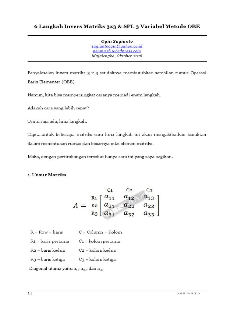 6 Langkah Invers Matriks 3x3 Dan SPL 3 Variabel Metode Obe | PDF