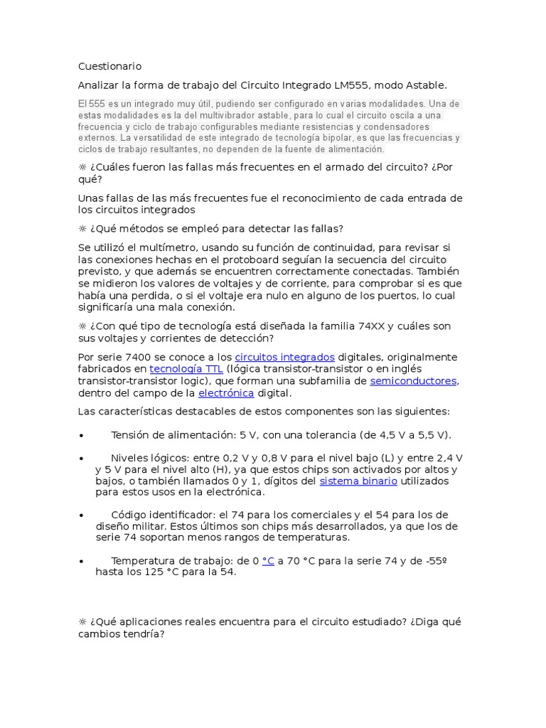 Cuestionario | PDF | Circuito integrado | voltaje
