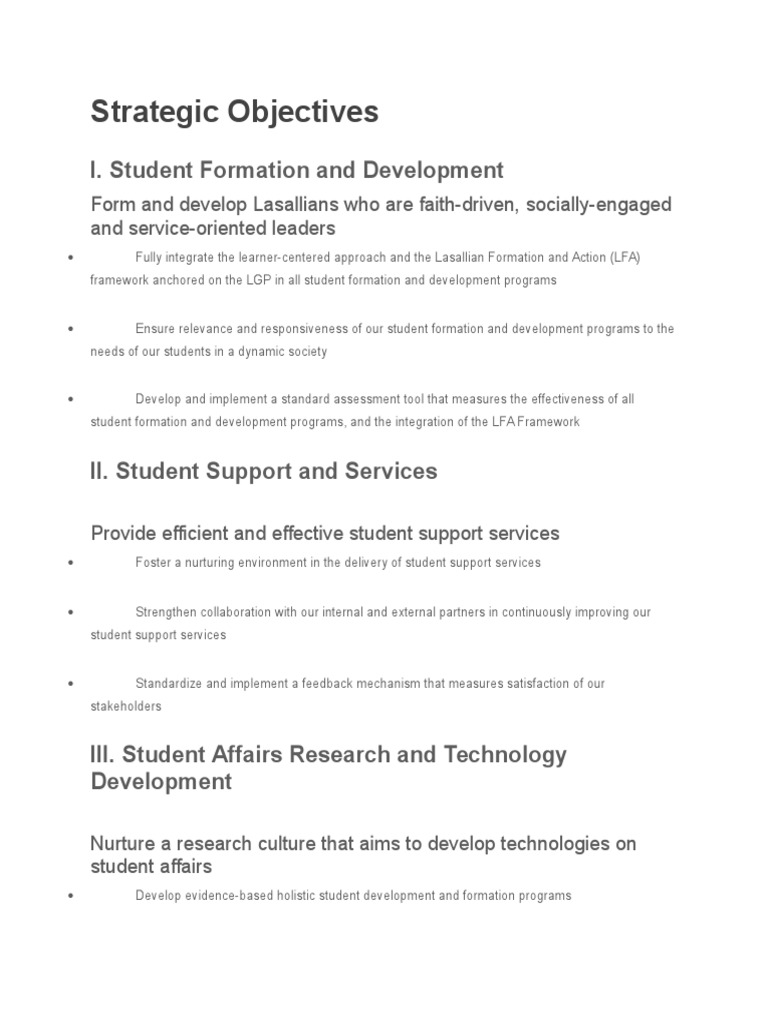 Strategic Objectives: I. Student Formation and Development | PDF ...