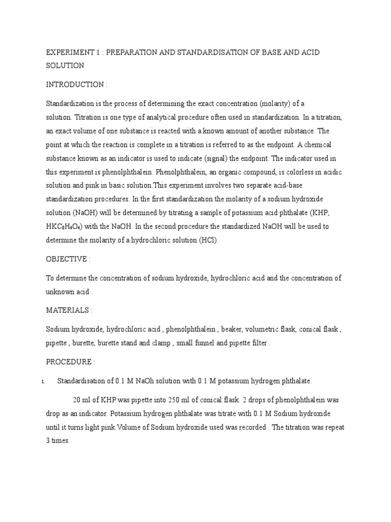 Acid-Base Solution Standardization Experiment | PDF | Titration | Chemistry