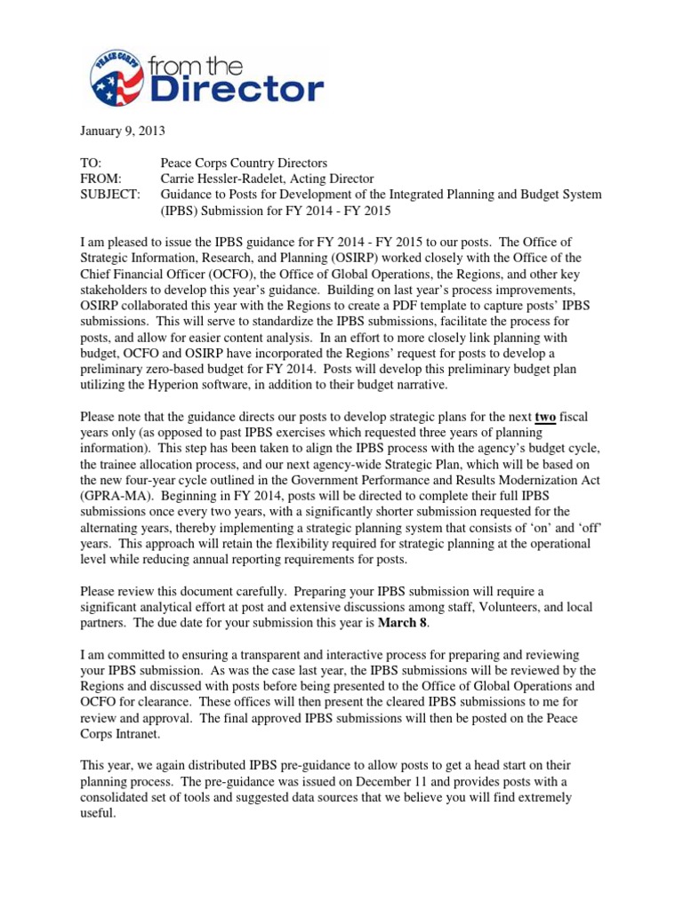 Peace Corps OST IPBS Guidance Acting Director's Cover Letter FY 2014 ...