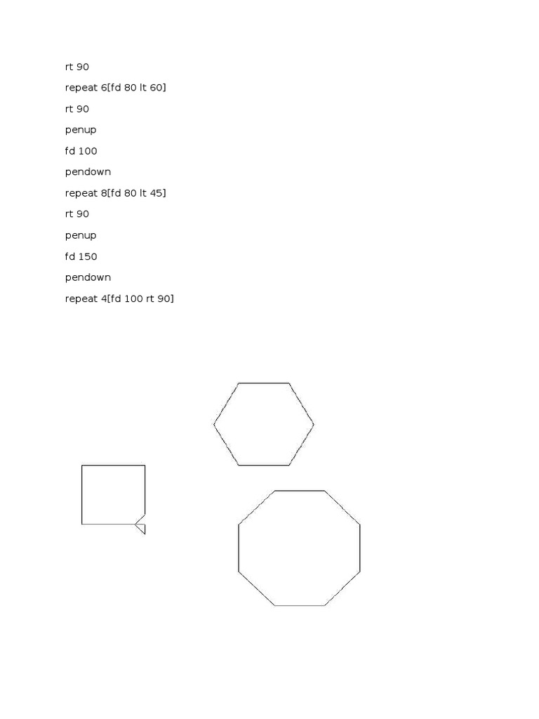 RT 90 Repeat 6 (FD 80 LT 60) RT 90 Penup FD 100 Pendown Repeat 8 (FD 80 ...