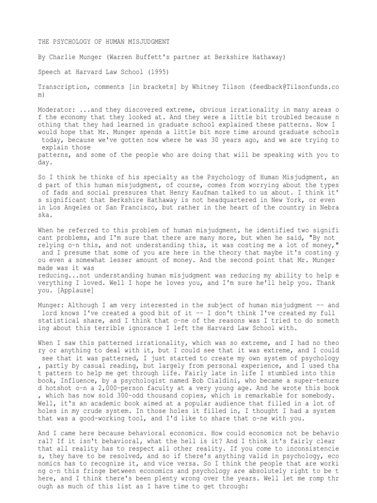 Standard Causes of Human Misjudgment by Charles Munger | PDF ...