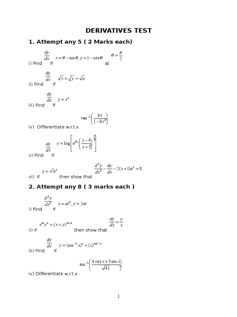 Derivatives Test: 1. Attempt Any 5 (2 Marks Each) | PDF