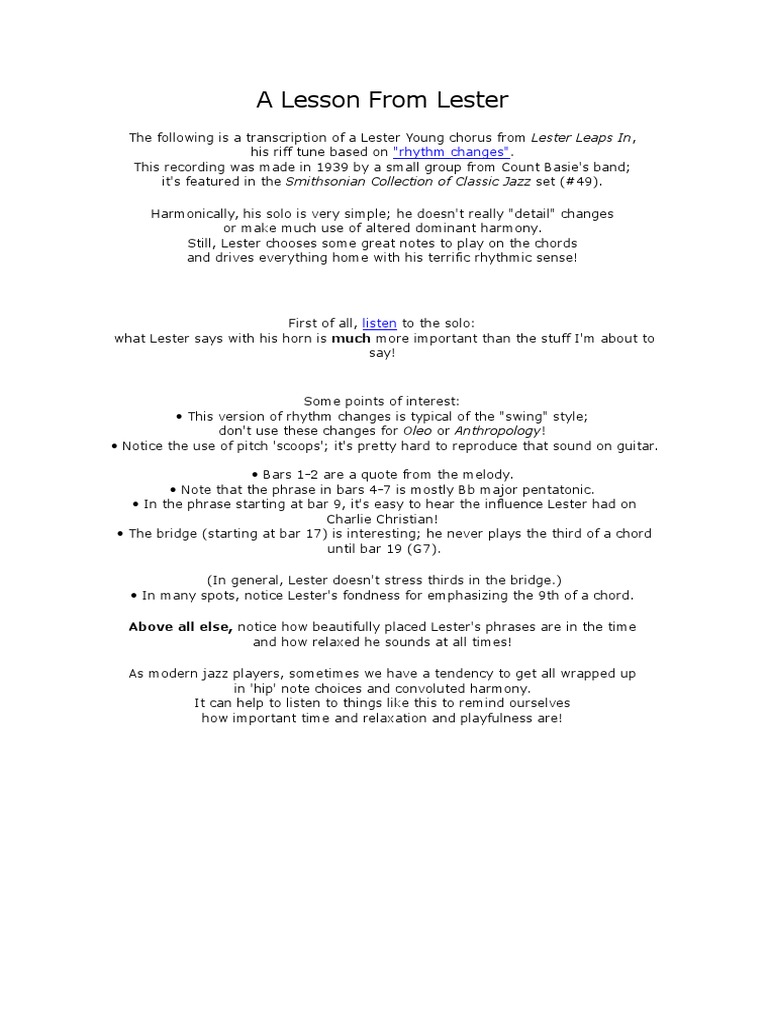 A Lesson From Lester: "Rhythm Changes" | PDF | Music Theory | Musical ...