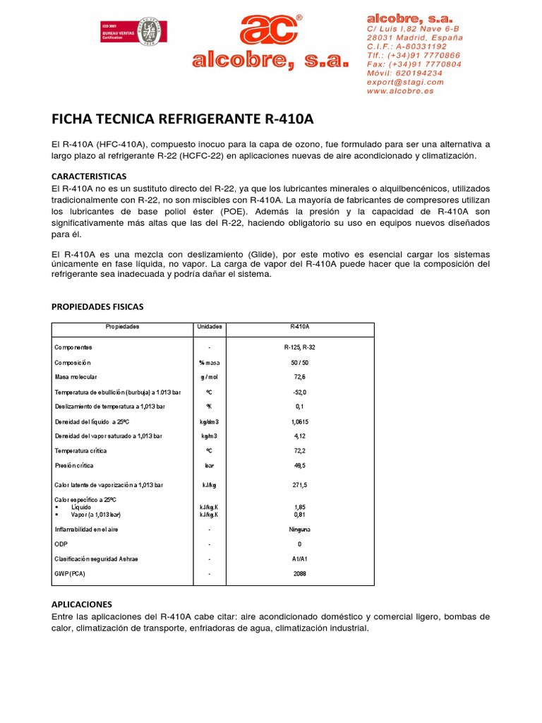 Ficha Tecnica R-410a | PDF