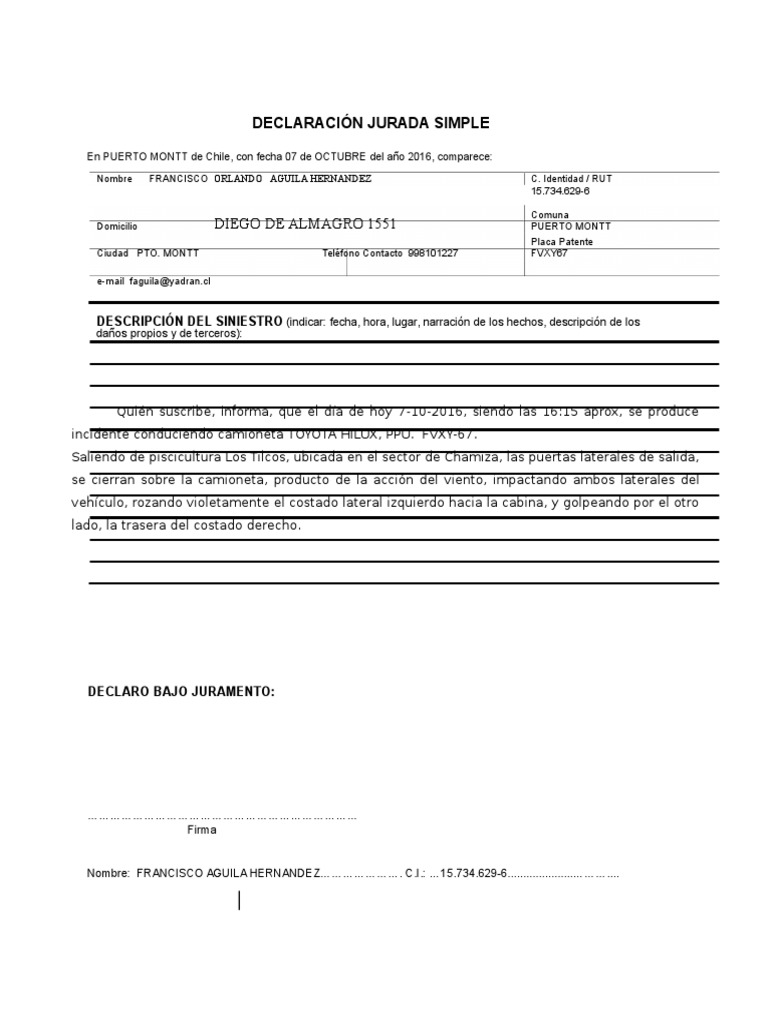Declaracion Jurada Simple Siniestro Vehiculo | PDF