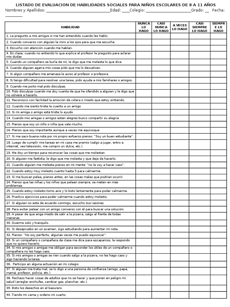 Listado de Evaluacion de Habilidades Sociales para Niños Escolares de 8 ...