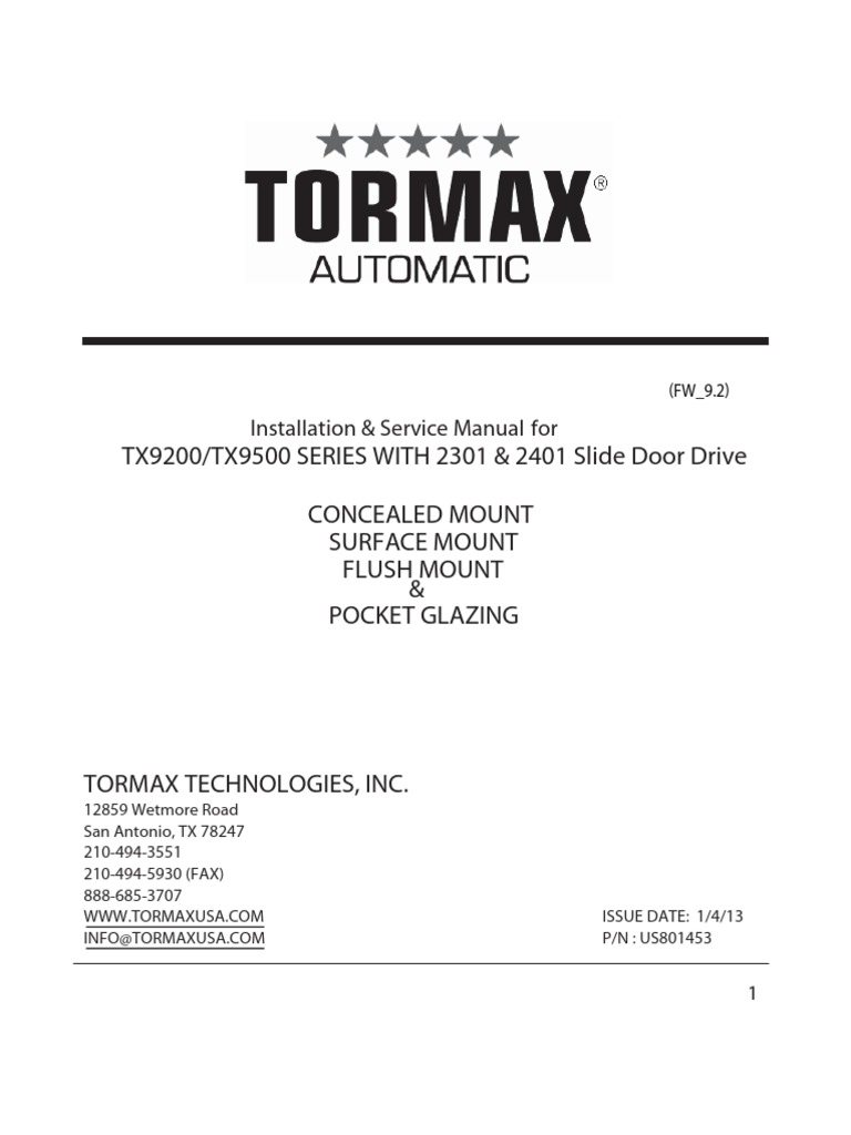 US801453 TX9200 9500 Install and Service Manaul SW 9 2 | PDF | Door ...