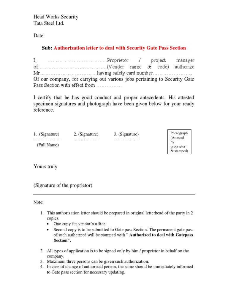 Authorization Letter To Deal With Security Gate Pass Section | PDF