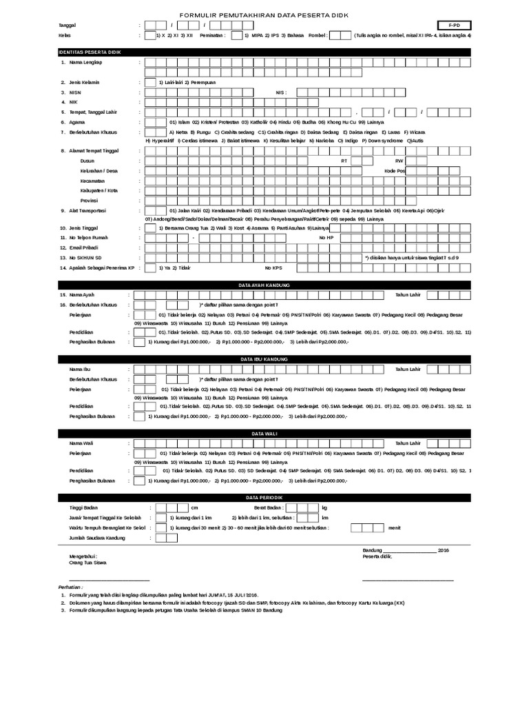 Formulir Pemutakhiran Data Peserta Didik | PDF