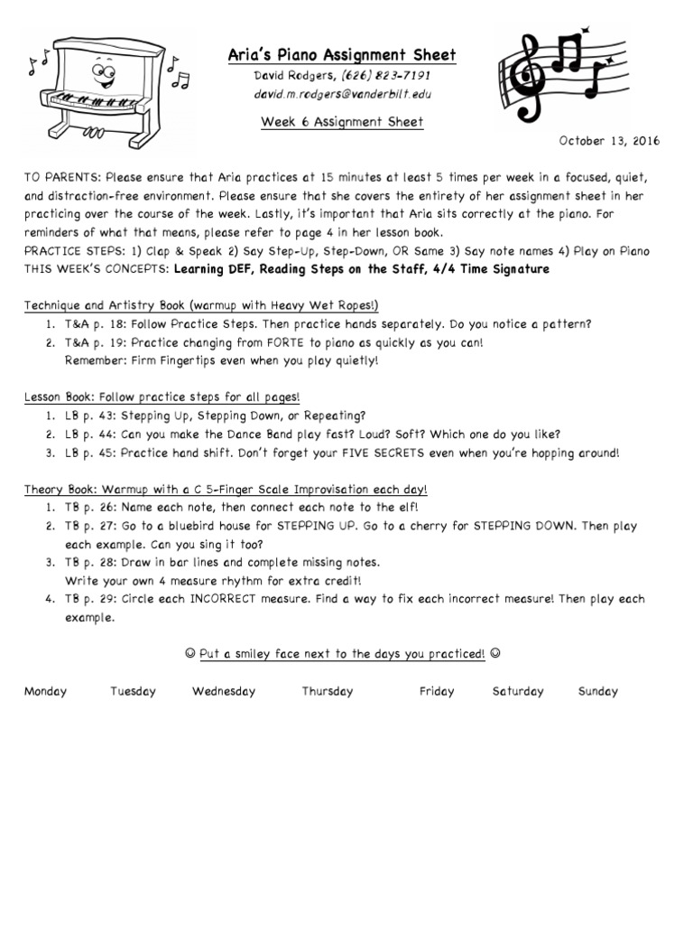 Aria's Piano Assignment Sheet | PDF