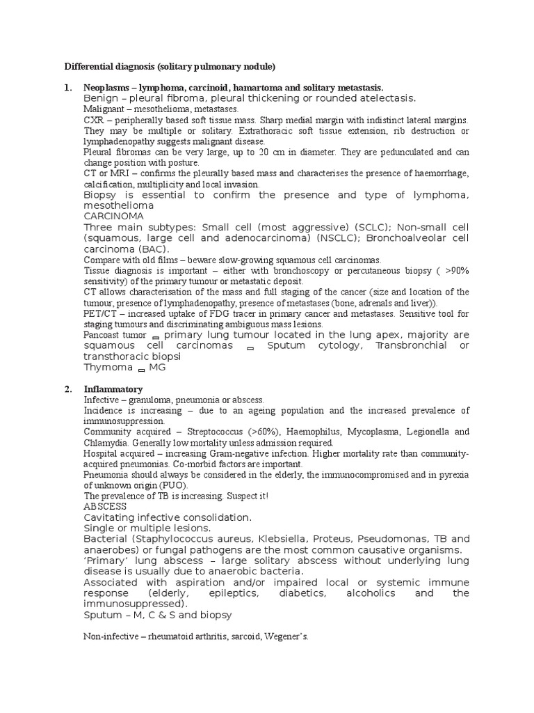 Differential Diagnosis (Solitary Pulmonary Nodule) 1. Neoplasms ...