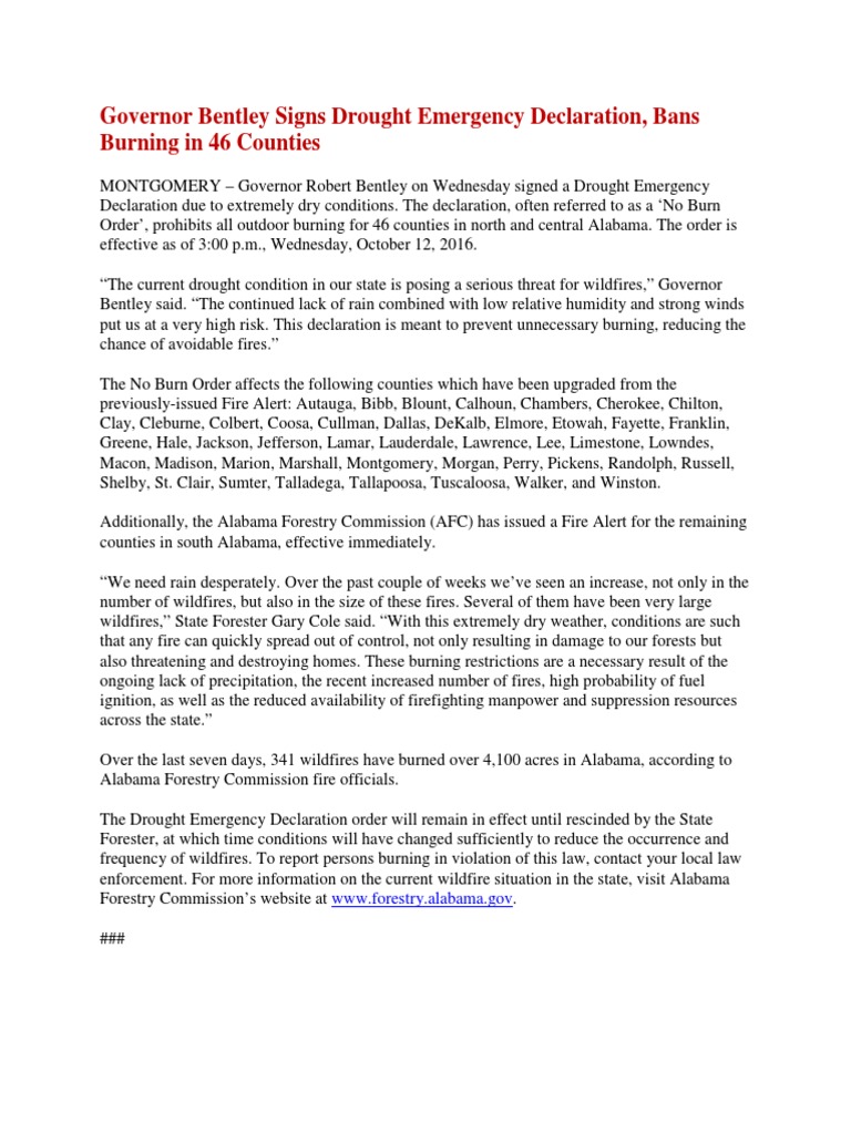 Alabama Drought: Burn Ban Declared | PDF | Alabama | Wildfire
