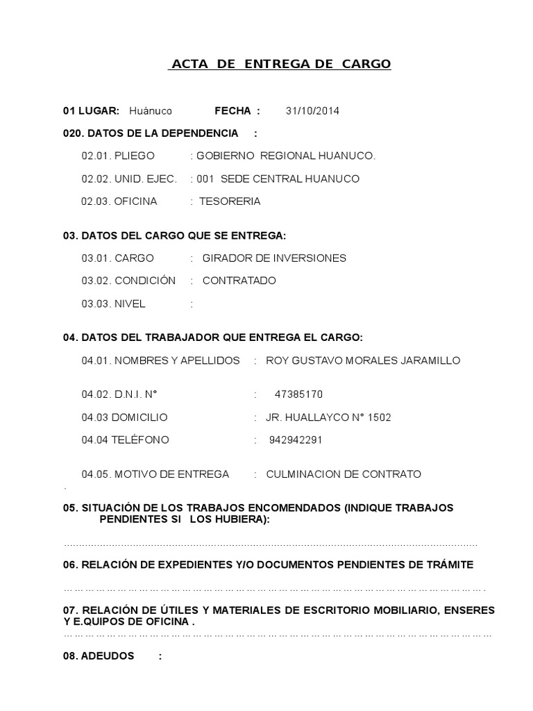 Acta de Entrega de Cargo