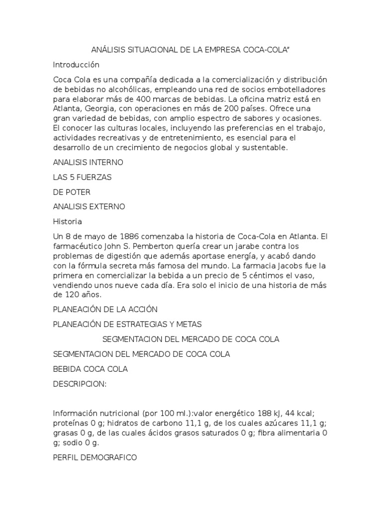 Análisis Situacional De La Empresa Coca Pdf Coca Cola Refresco