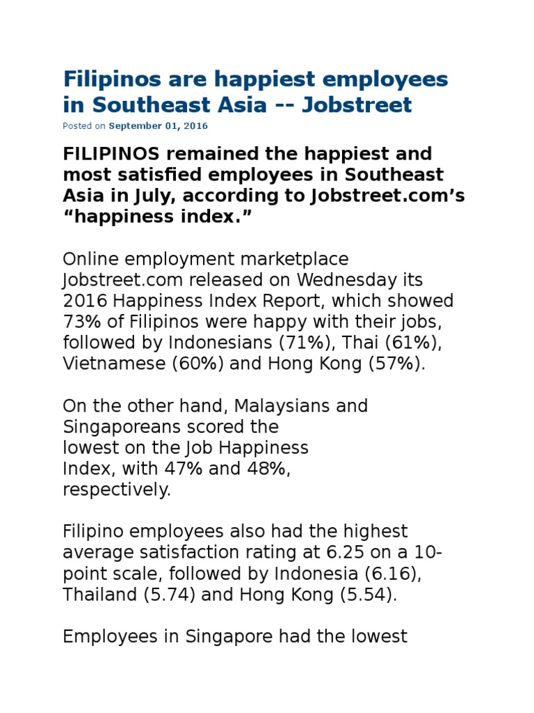 Filipinos Are Happiest Employees in Southeast Asia | PDF