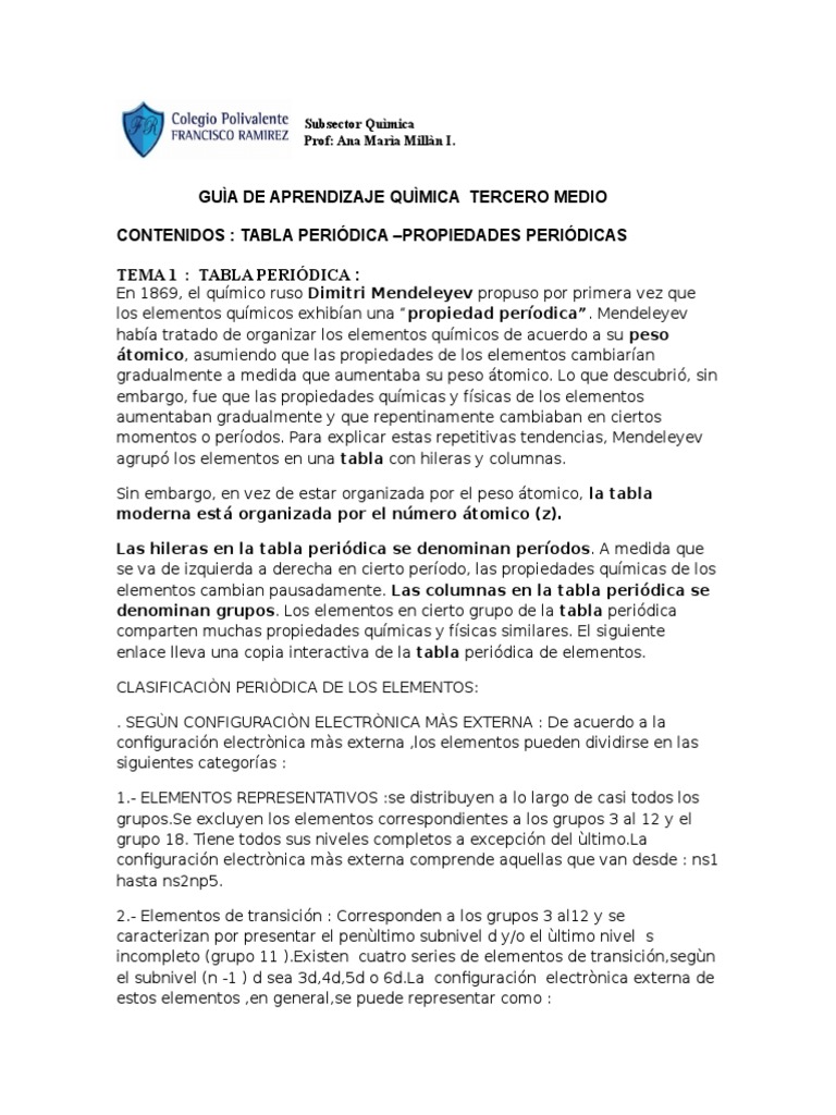 GUÍA DE APRENDIZAJE 3° MEDIOS TABLA PERIODICA-PROPIEDADES PERIODICAS ...