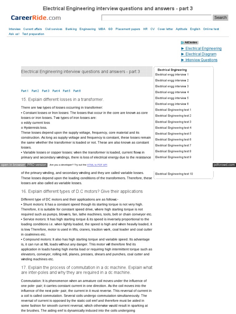 Careerride Com Electrical Engineering Interview Questions 3 | PDF | Transformer ...