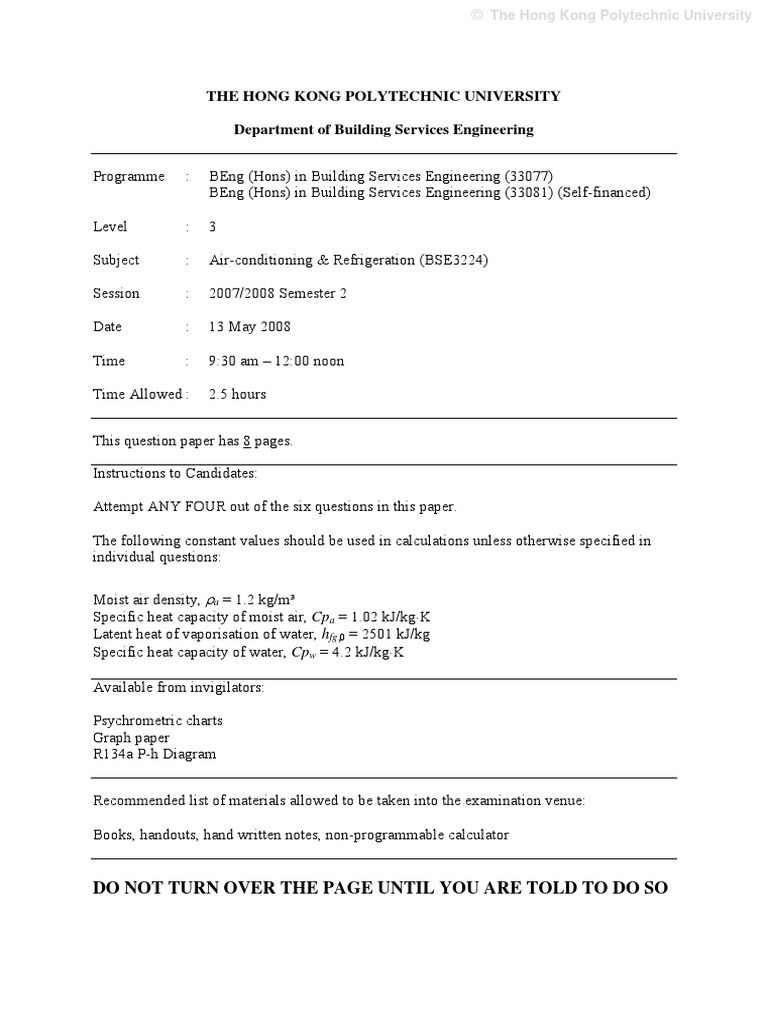 Air Conditioning and Refrigeration Exam Paper | PDF | Air Conditioning ...