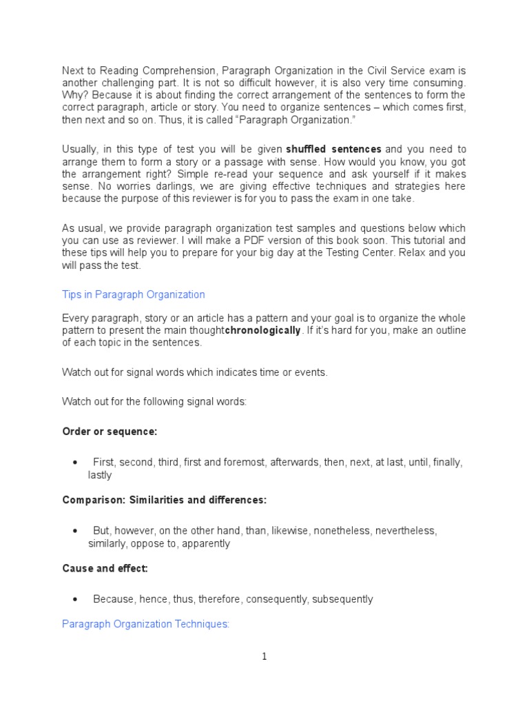 Tips in Paragraph Organization: Order or Sequence | PDF