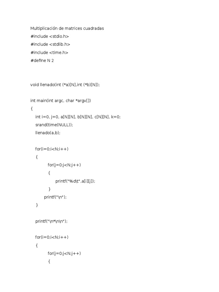 Multiplicación de Matrices Cuadradas en Lenguaje C | PDF