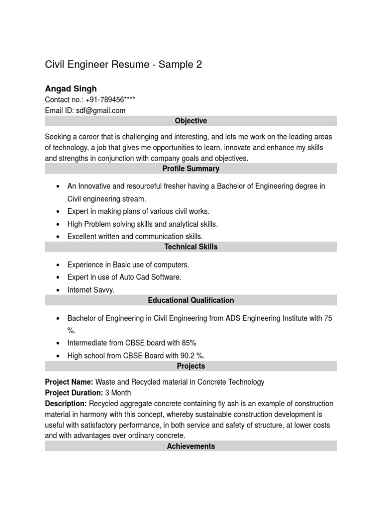 Civil Engineer Resume - Sample 2 | PDF