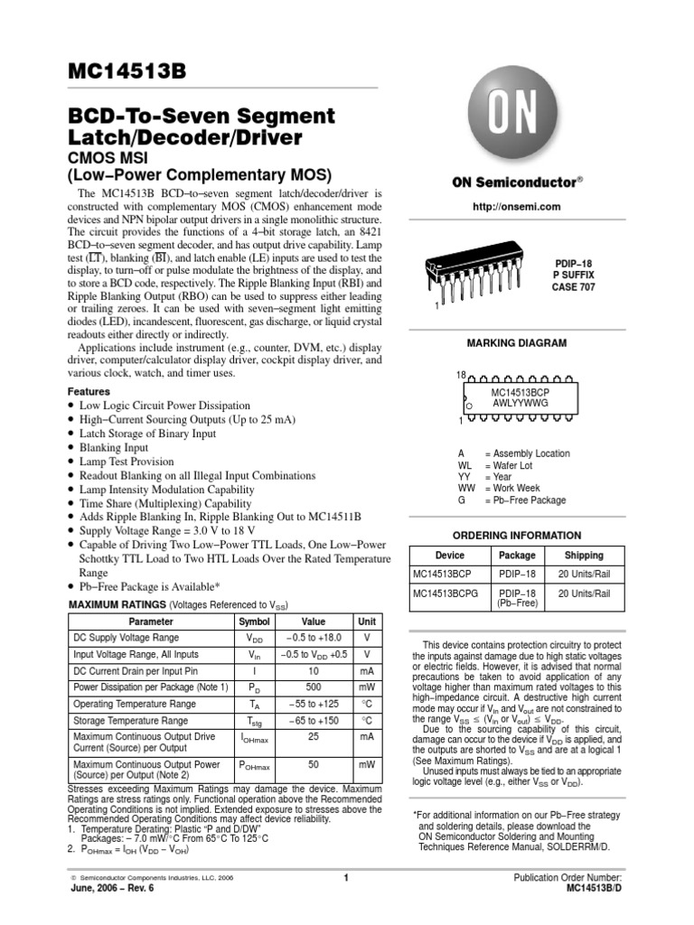 MC14513B BCD To Seven Segment Latch/Decoder/Driver: Cmos Msi (Low Power ...