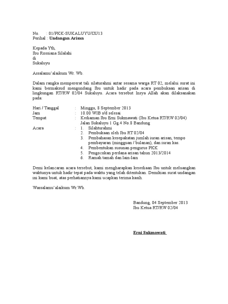 Contoh Surat Undangan Arisan RT | PDF