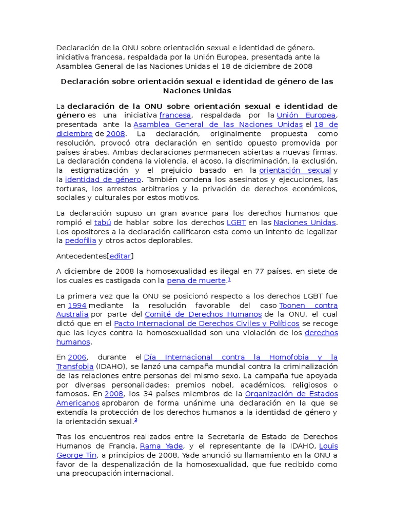 Declaración De La Onu Sobre Orientación Sexual E Identidad De Género