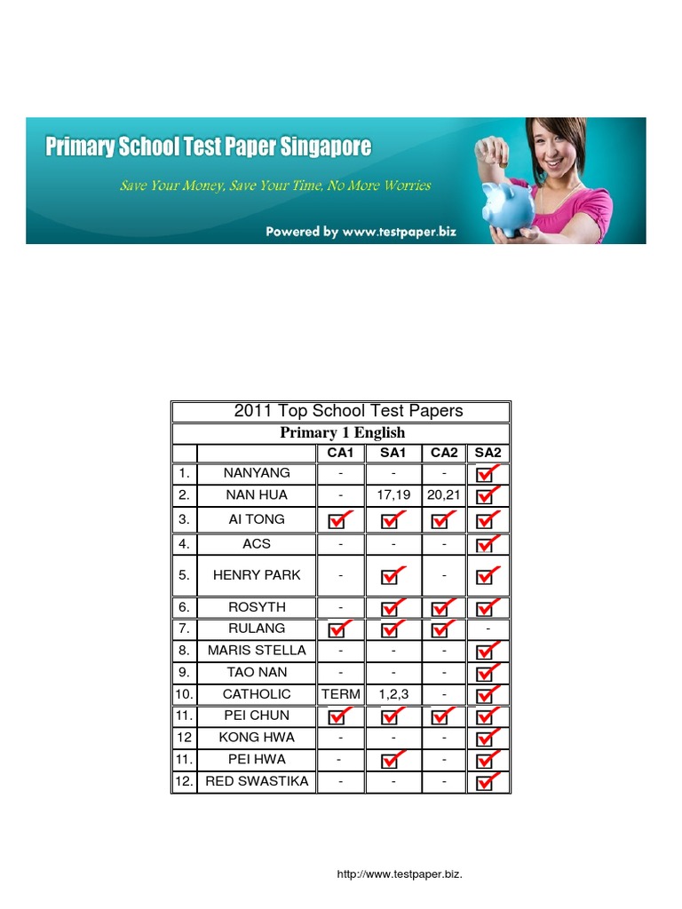 2011 Top School Test Papers: Primary 1 English | PDF