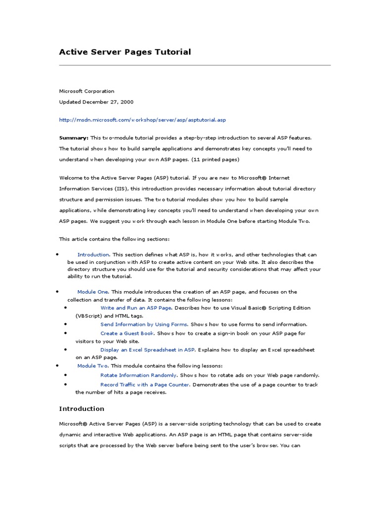 Asp Tutorial Pdf Active Server Pages Html