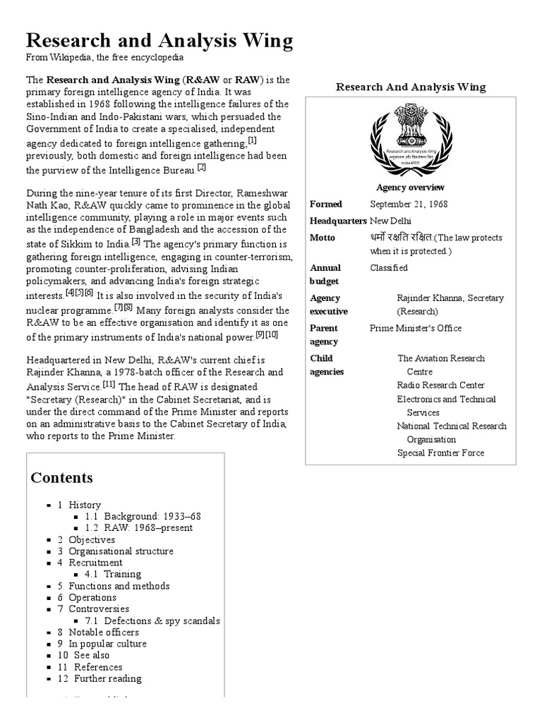 Research and Analysis Wing - Wikipedia | PDF | Security | National Security