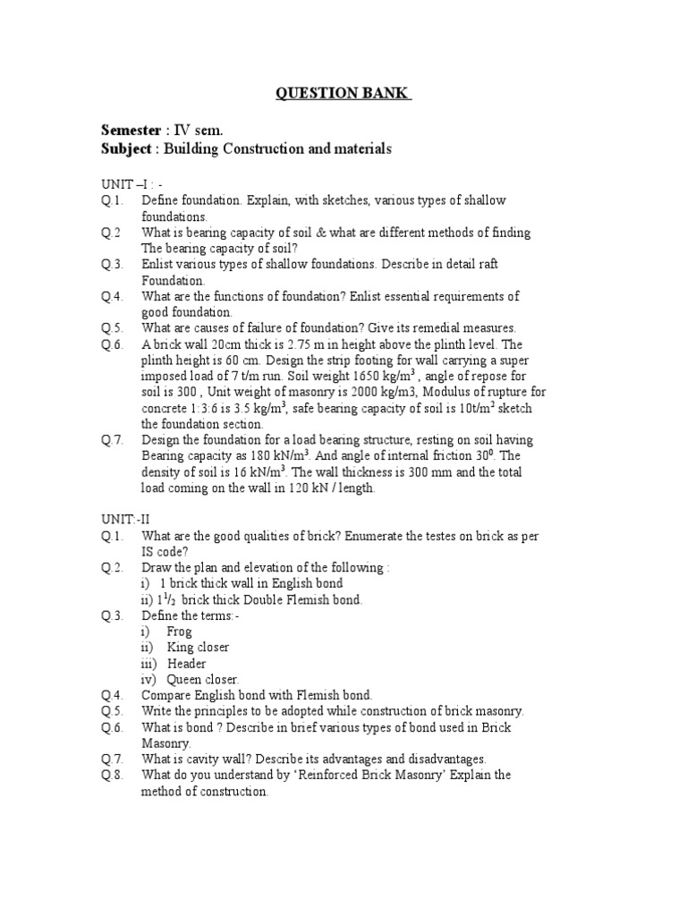 BCM Question Bank 1 | PDF | Stairs | Masonry